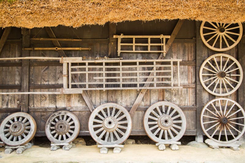 Photograph of Several Wooden Wheels Resting on a Wooden Wall Stock ...