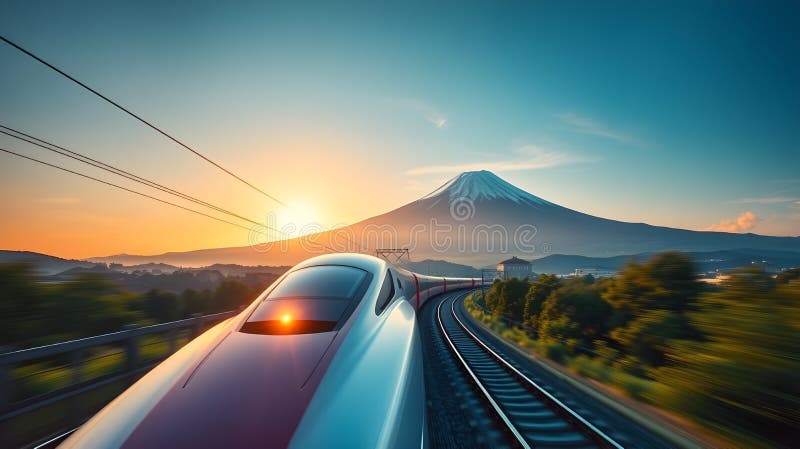 A Photograph of a Shinkansen Train and Mount Fuji Stock Illustration ...