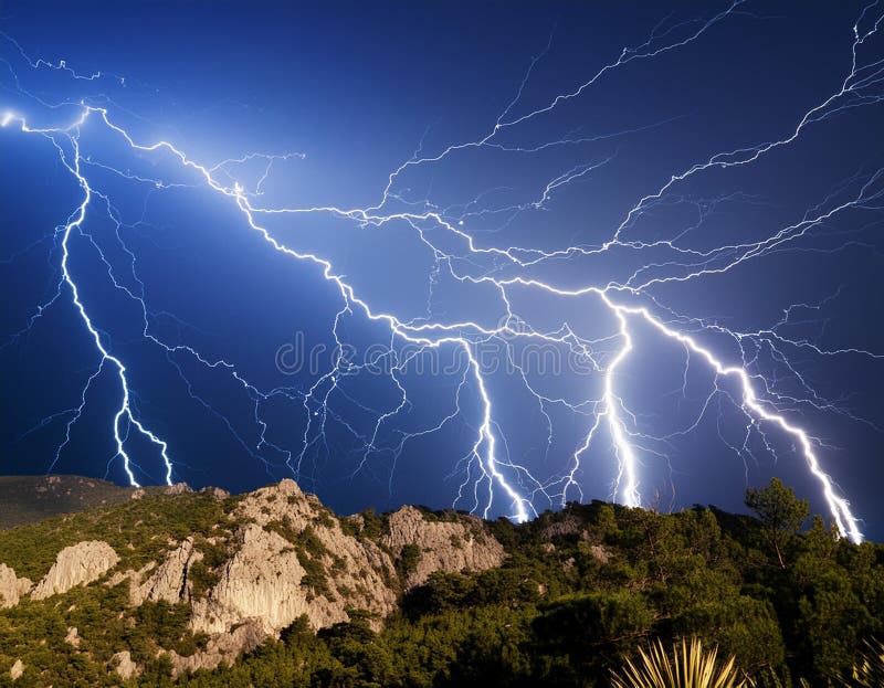 A Photograph of Thunderstorms and Lightning at Night Stock Illustration ...
