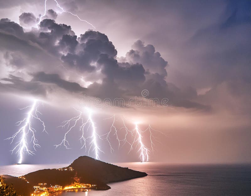A Photograph of Thunderstorms and Lightning at Night Stock Illustration ...