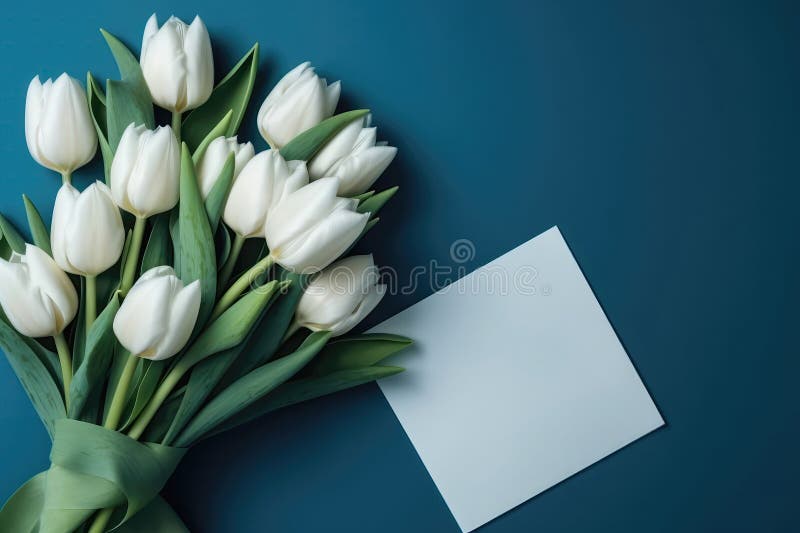 Photograph of Top View of Copy Space and Blue Envelope and Bouquet of ...