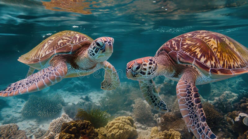 Two Sea Turtles Swim Under the Ocean Stock Illustration - Illustration ...
