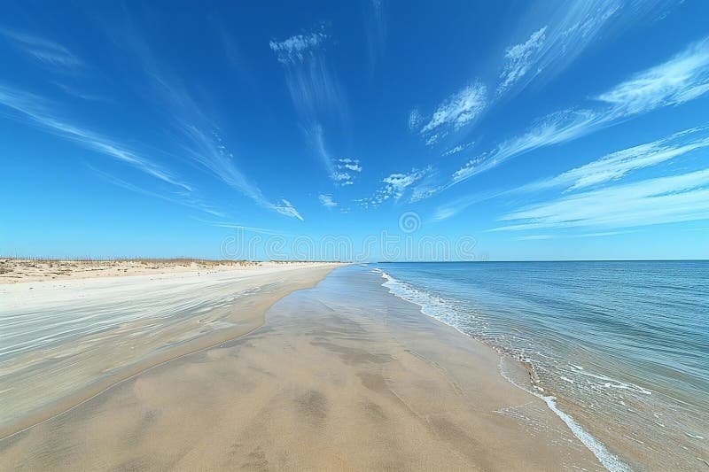 Photograph of a Wide Sand Beach with a Clear Blue Sky, a Flat Horizon ...