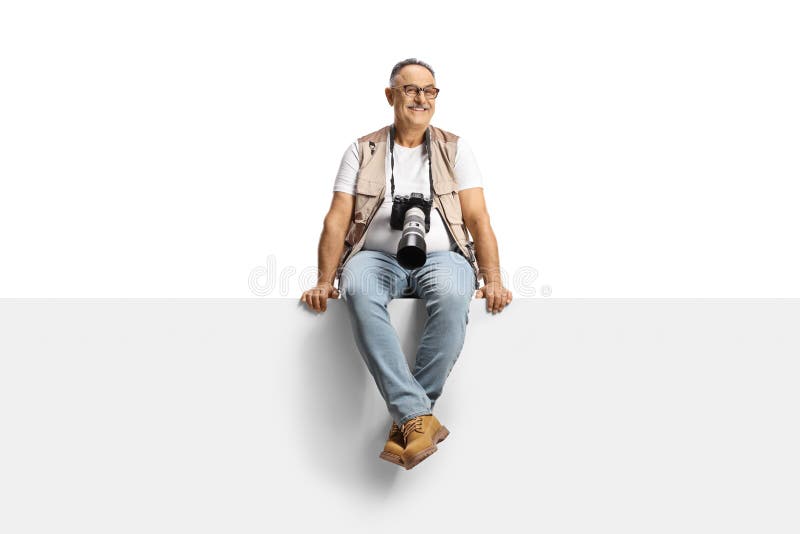 Man Jeans Sitting Panel Smiling Isolated White Background Stock Photos ...