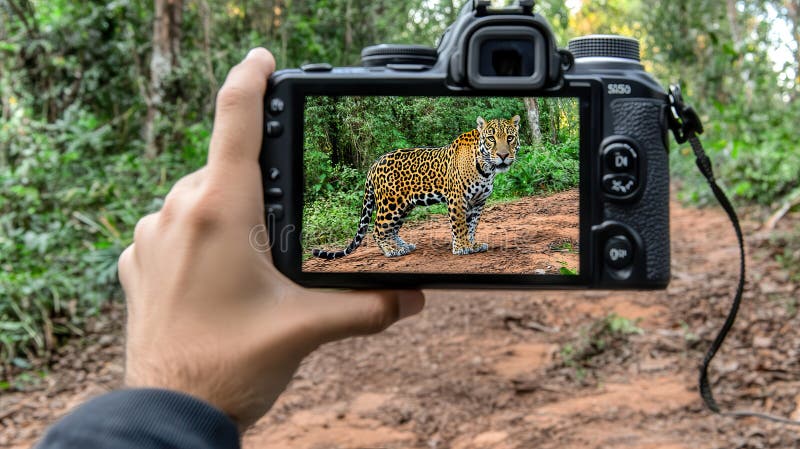 Photographer Capturing a Jaguar with a Digital Camera in the Jungle ...
