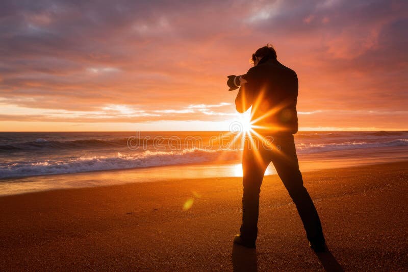 Photographer Capturing Stunning Sunset on Ocean Beach with Dramatic Sky ...