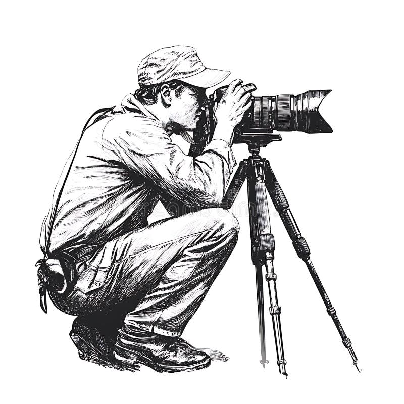 Photographer Crouching, Using a Tripod and DSLR Camera Stock ...