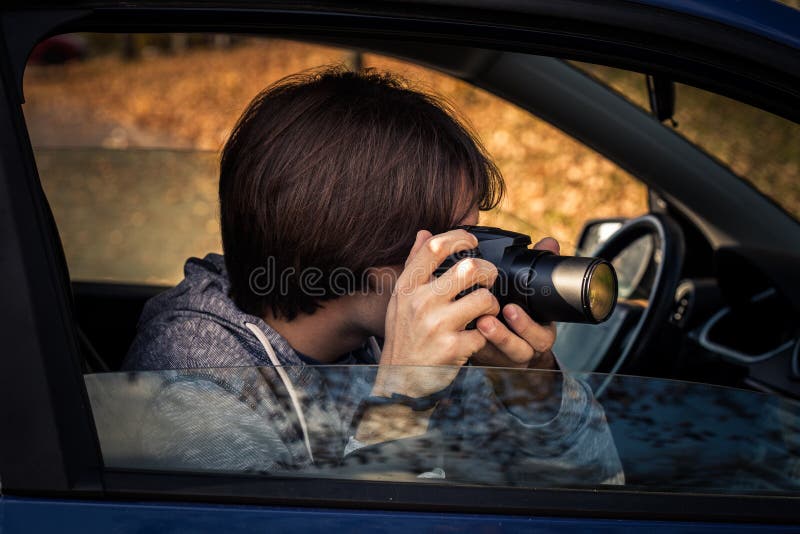 Photographer with Digital Camera Take Photo from Car Stock Photo ...
