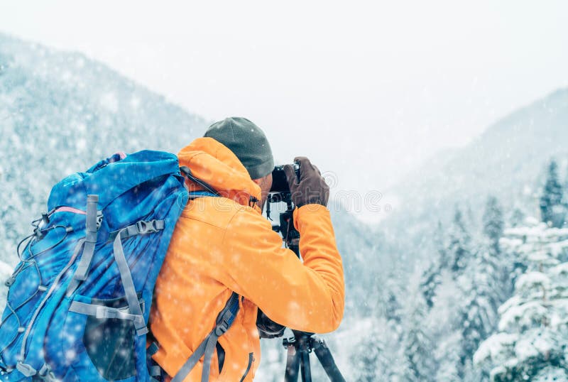 Photographer Dressed Orange Softshell Jacket with Backpack Making a ...