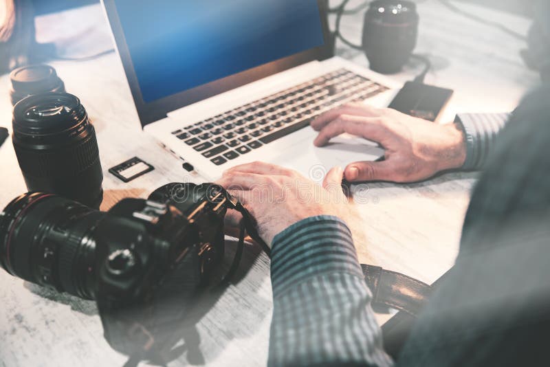 Photographer Hand Camera and Computer on Desk. Stock Photo - Image of ...
