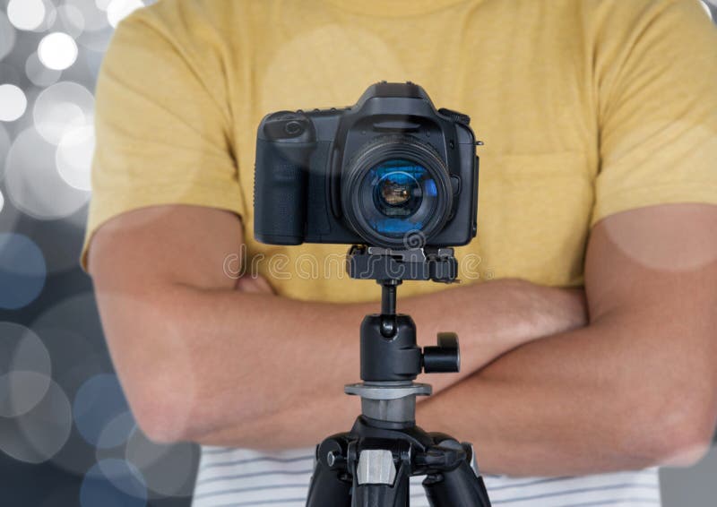 Photographer Hands Folded with Camera with Tripod in Front. Silver ...