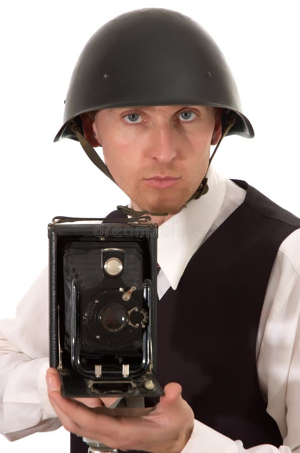 Photographer in Helmet Keeps Get Old Camera Stock Photo - Image of ...