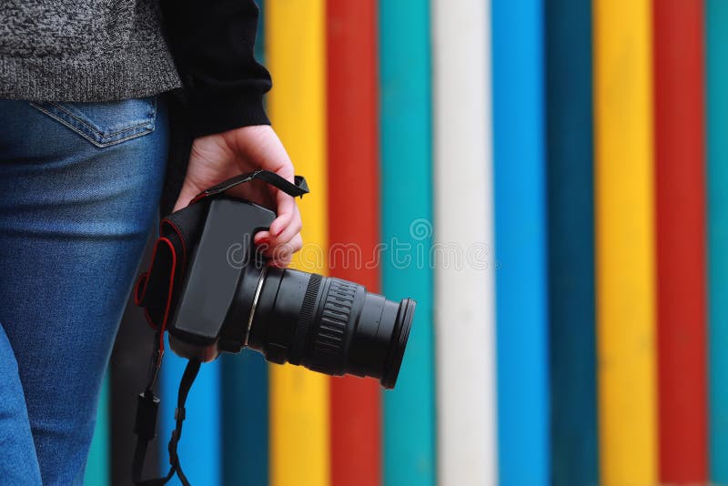Photographer Holding Camera, Close-up. Back View, Stock Image - Image ...