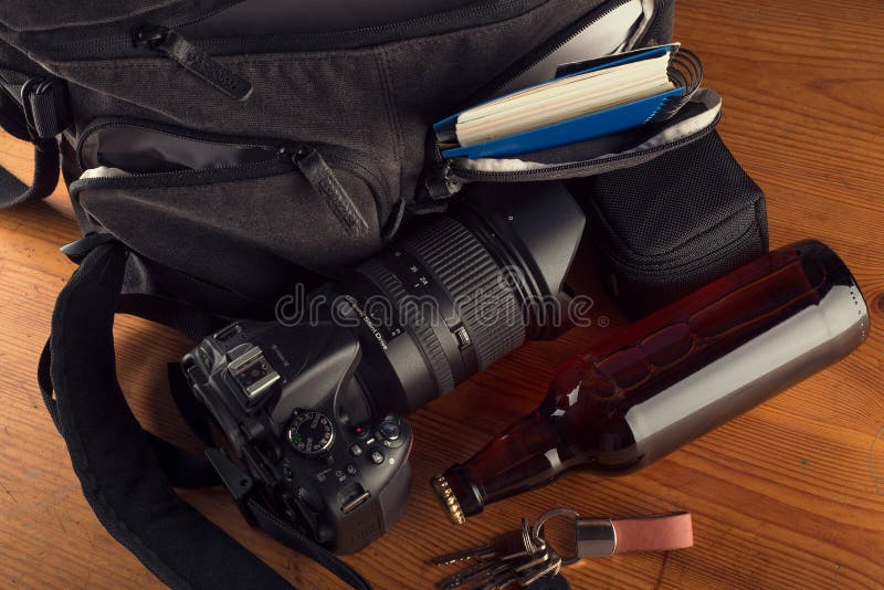 Photographer Items on a Wooden Table Stock Image - Image of wooden ...