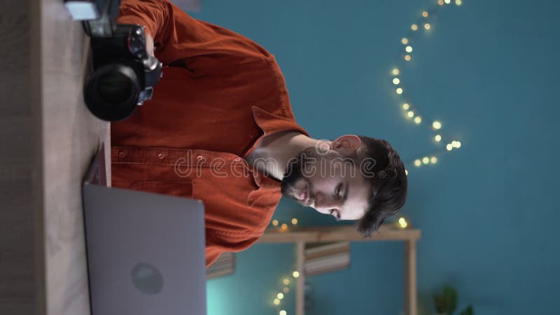 Photographer or Journalist Working at Workplace in Office Using Digital ...