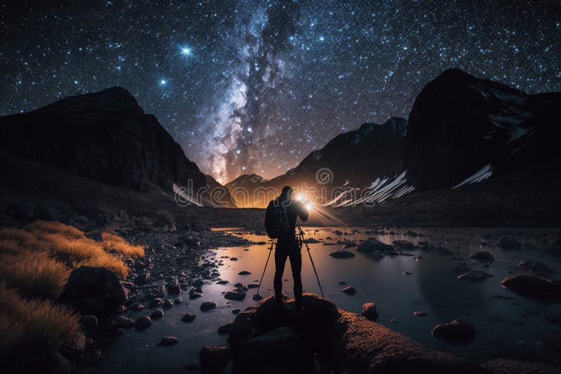 Photographer and Night Stars Landscape. AI Generated Stock Illustration ...