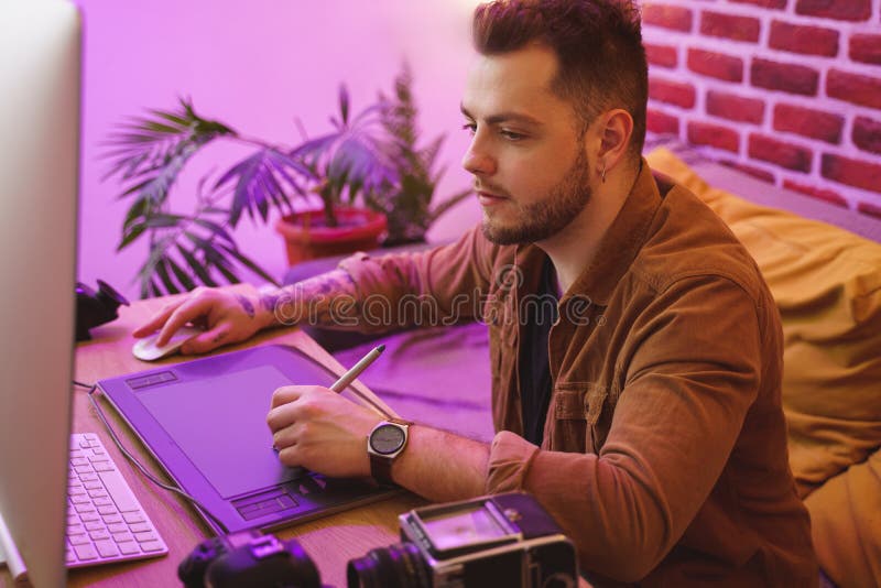 Photographer Retouching New Shooting at Computer Using Graphic Tablet ...