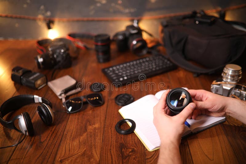 The Photographer S Desk, Digital Camera Accessories Stock Photo - Image ...