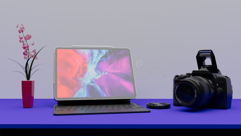 Photographer S Work Desk with Laptop, Camera and Flower Vase Stock ...