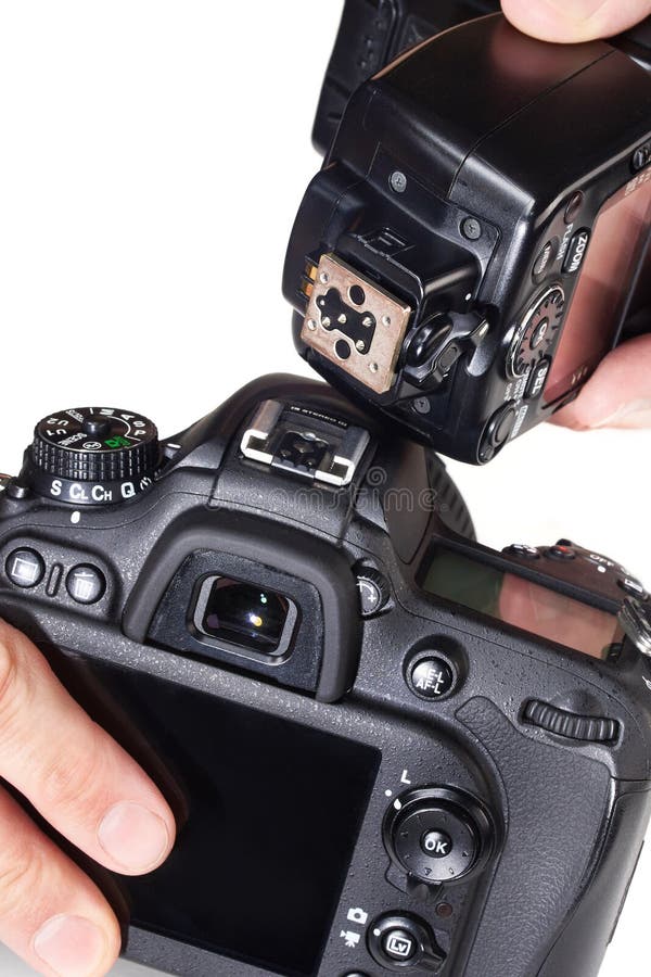 Photographer Set External Flash on Digital SLR Camera Stock Image ...