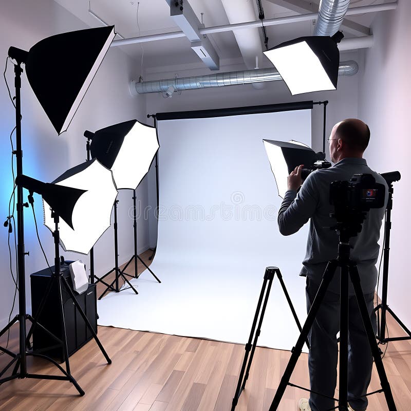 A Photographer Setting Up a Studio with Softboxes Reflectors and ...