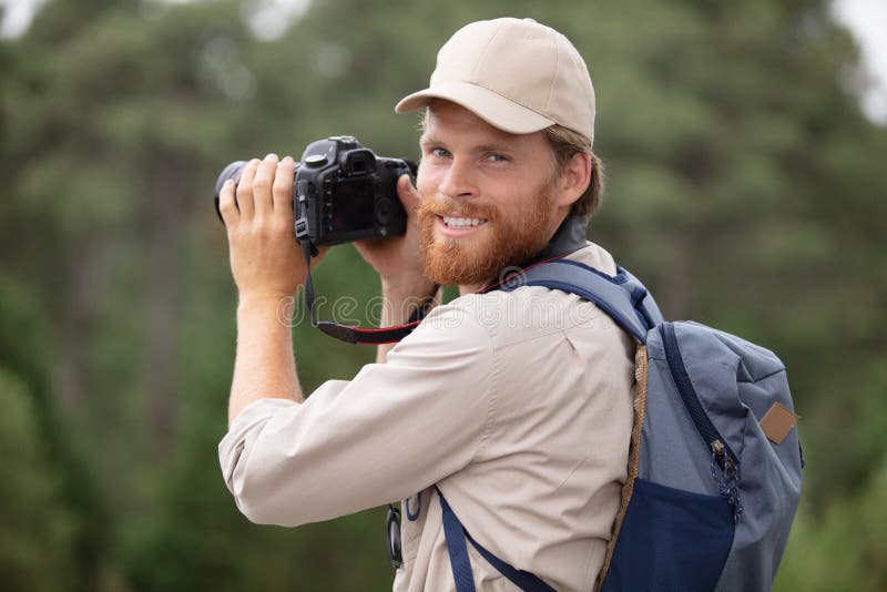 Photographer Taking Photos Nature Standing in Forest Stock Image ...