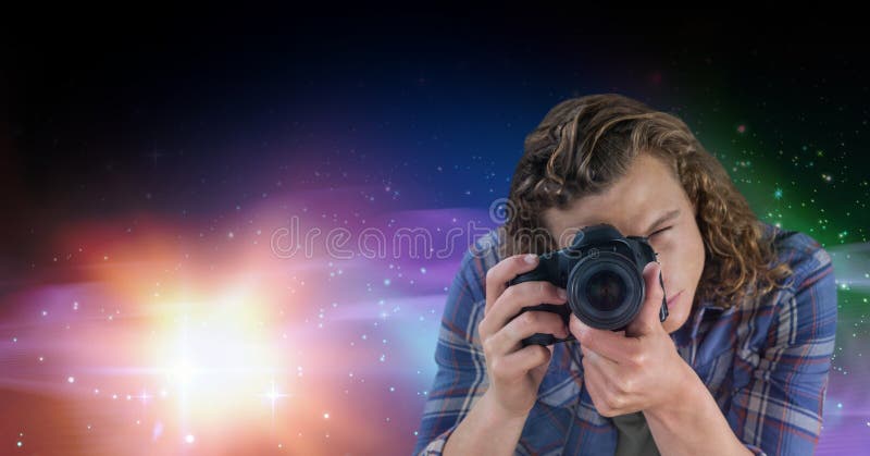 Photographer Taking Picture in Colored Lights Background Stock Image ...