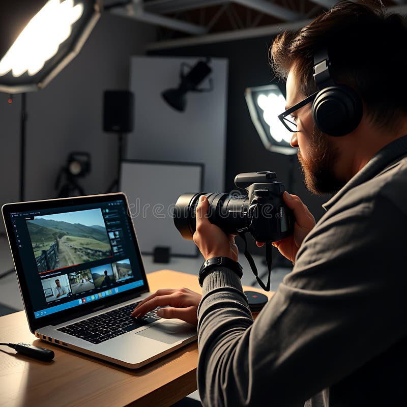 A Photographer Using a DSLR Camera Editing Photos on a Laptop and ...