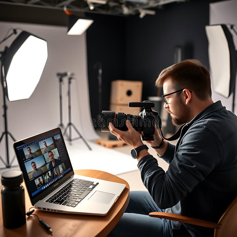 A Photographer Using a DSLR Camera Editing Photos on a Laptop and ...