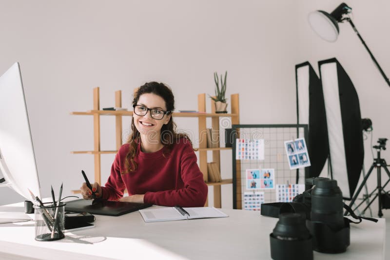 Photographer Working in Modern Office Stock Image - Image of computer ...