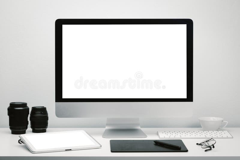 Blank Screen Computer Display for Mockup in Office Interior, Work Desk ...