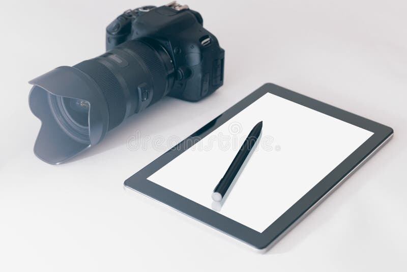 Photographer Workspace on White Table, Tablet and Camera White S Stock ...