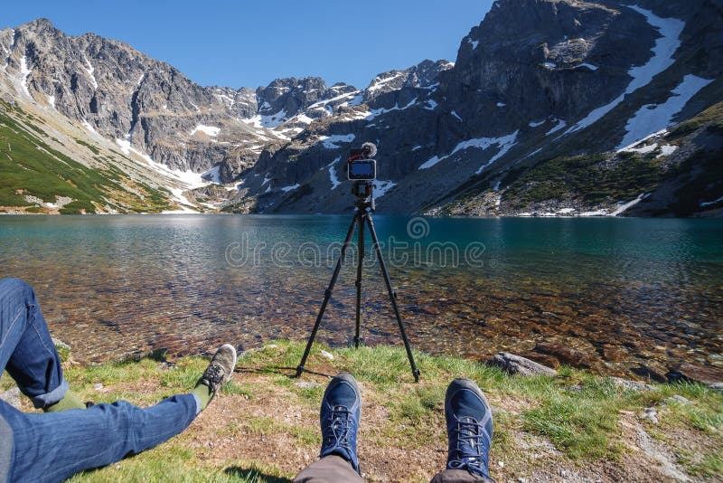 Photographers Take Scenic Views on Mountains Lake Stock Image - Image ...