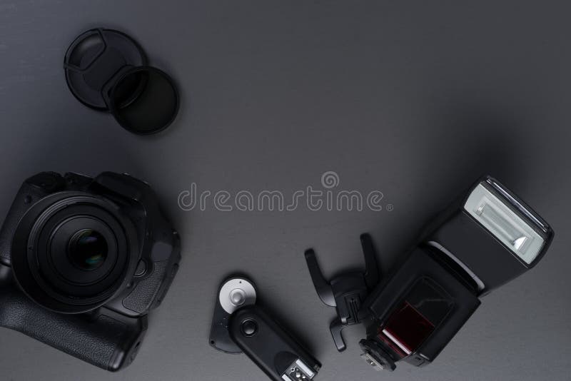 Photography Concept with Dslr Lense Flash and Acessories Stock Photo ...