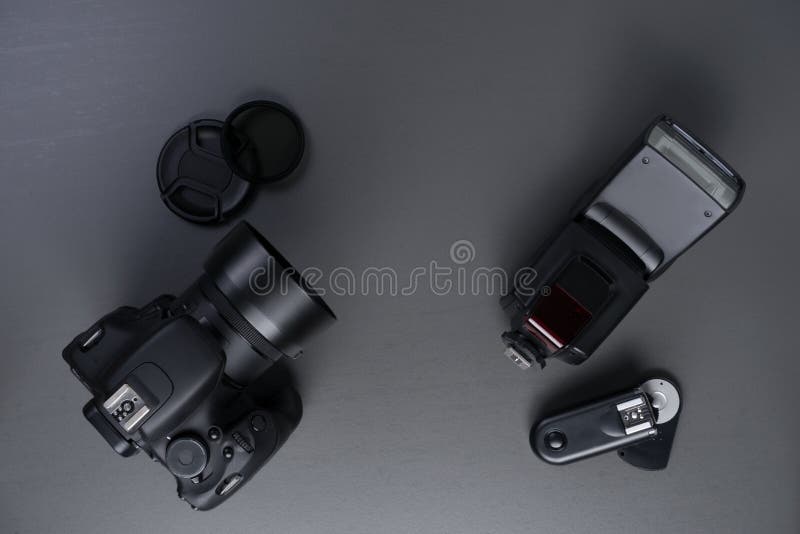 Photography Concept with Dslr Lense Flash and Acessories Stock Image ...
