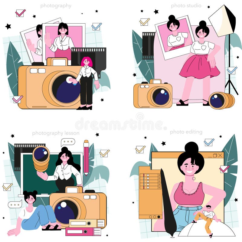 Photography Course Set. Photographer Teaching of Light Setting Stock ...