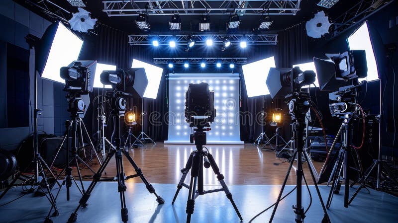 Photography Equipment in Studio Setting. Cameras, Lights, and Backdrop ...