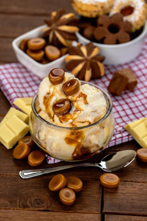Ice Cream Cup with Caramel Topping and Pastries Stock Image - Image of ...