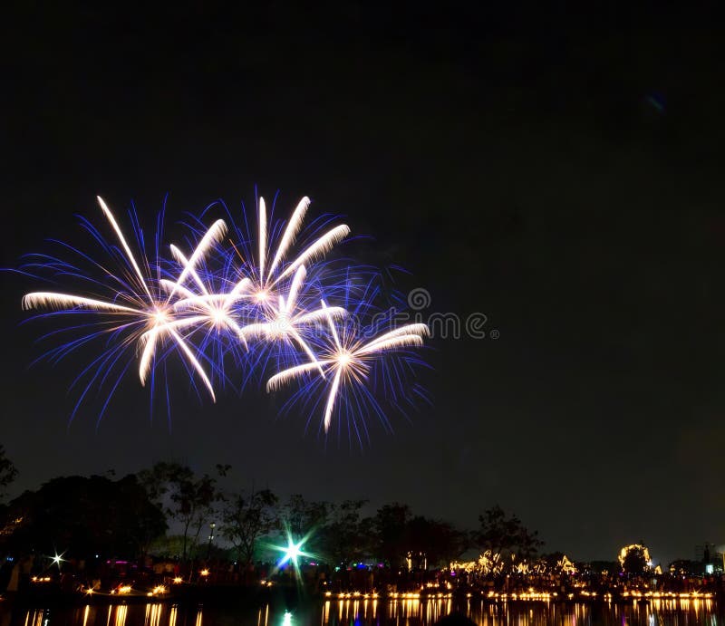 A Photography of a Fireworks Display in the Night Sky Over a Lake ...
