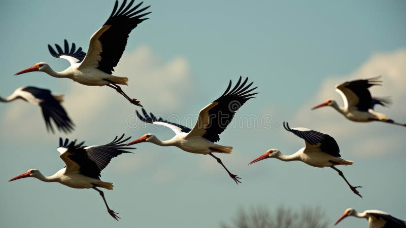 Photography of a Flock of Storks Flying through the Air Stock ...