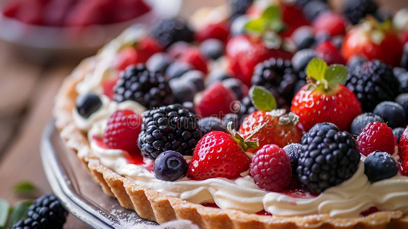 Photography of a Fresh Fruit Tart with Berries and Cream Stock ...