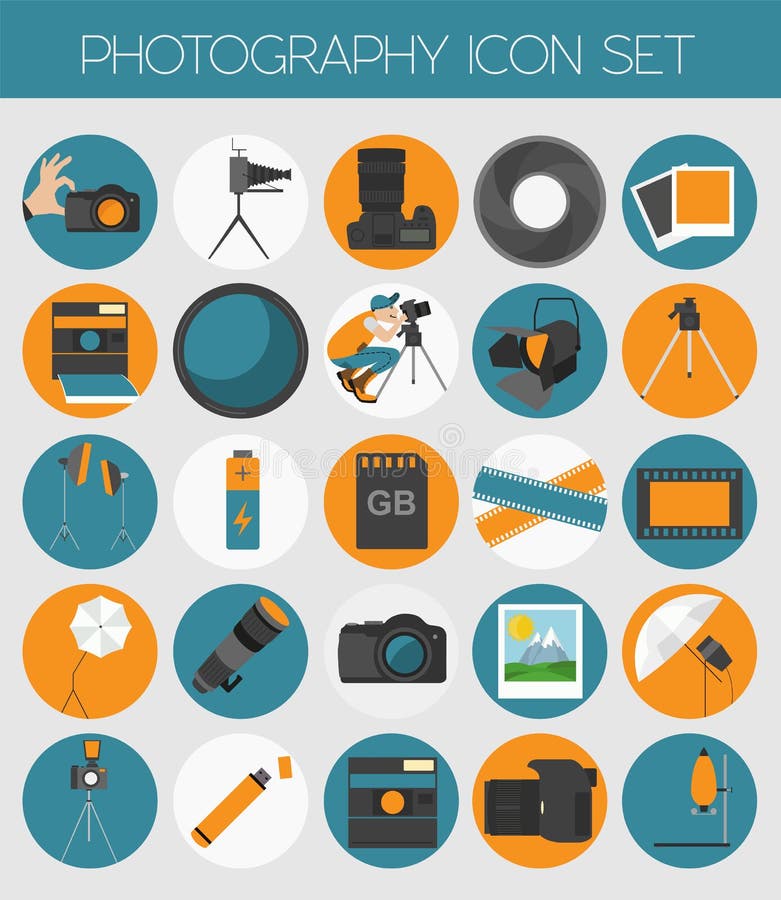 Photography Icon Set with Photo, Camera Equipment. Colour Flat V Stock Vector - Illustration of ...