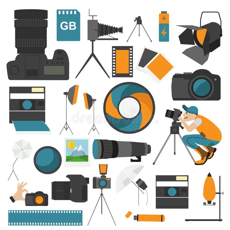Camera and equipment icons stock illustration. Illustration of ...