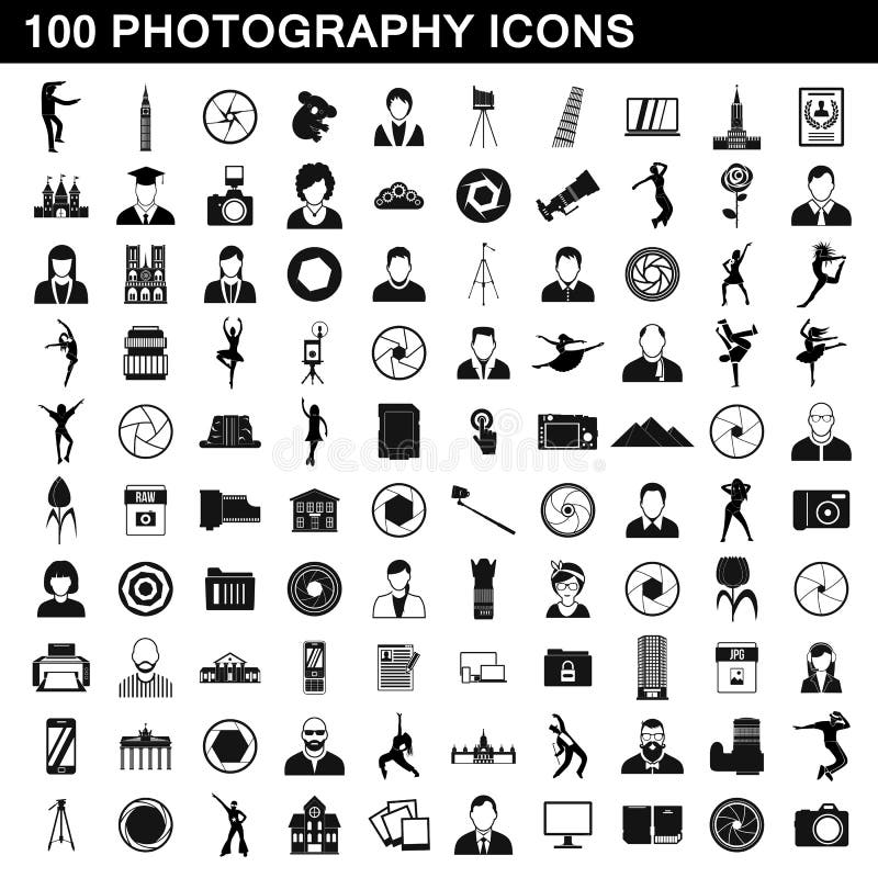 100 Photography Icons Set, Simple Style Stock Vector - Illustration of ...