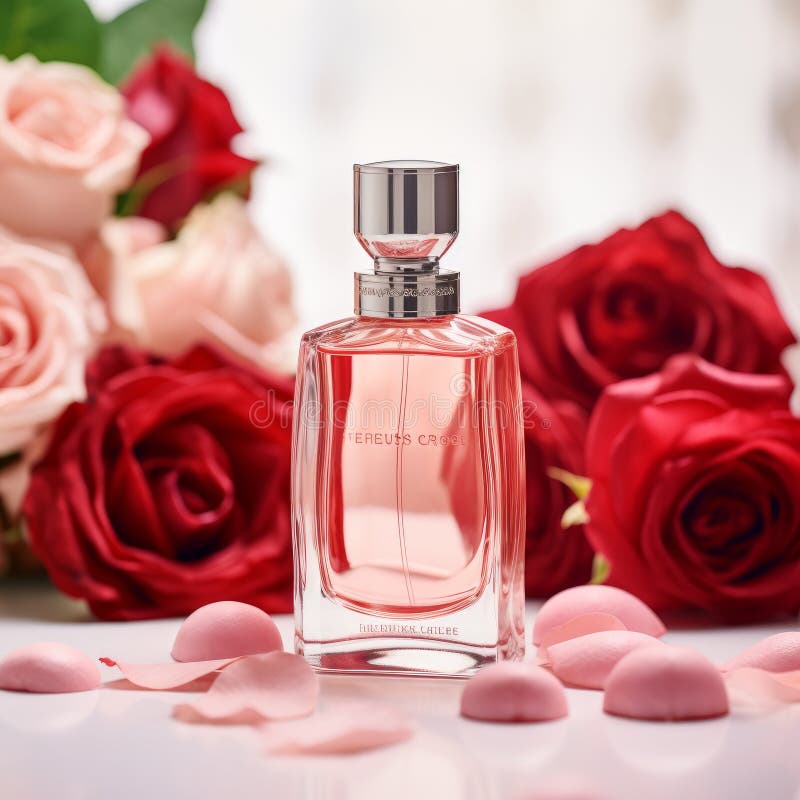 Photography of One Pink Perfume Bottle with Red Rose Stock Illustration ...