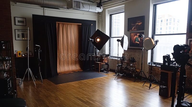 A Photography Studio with Cameras, Backdrops, and Softboxes Set Up for ...