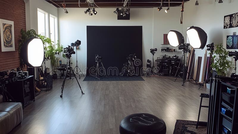 A Photography Studio with Cameras, Backdrops, and Softboxes Set Up for ...