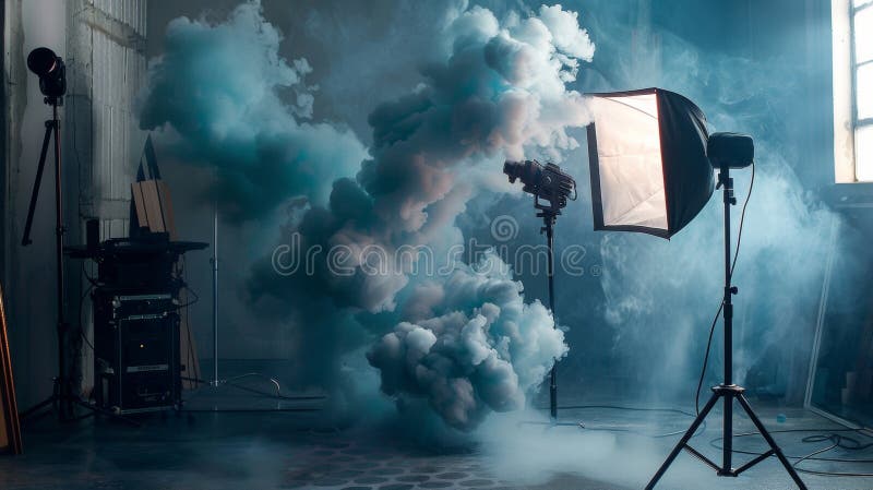 Photography Studio Filled with Blue Smoke and Lighting Equipment Stock ...