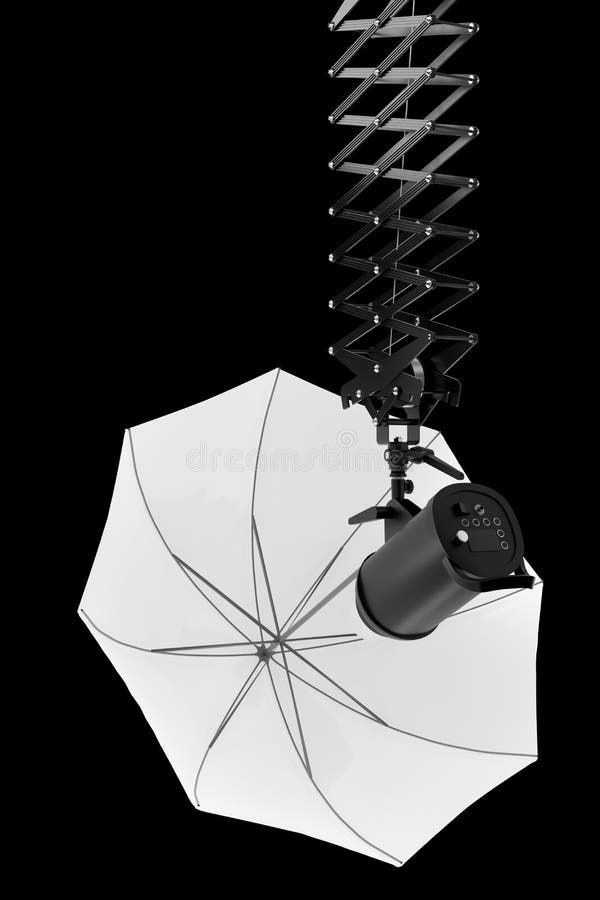 Photography Studio Flash on Ceiling Pantograph with Umbrella Isolated ...