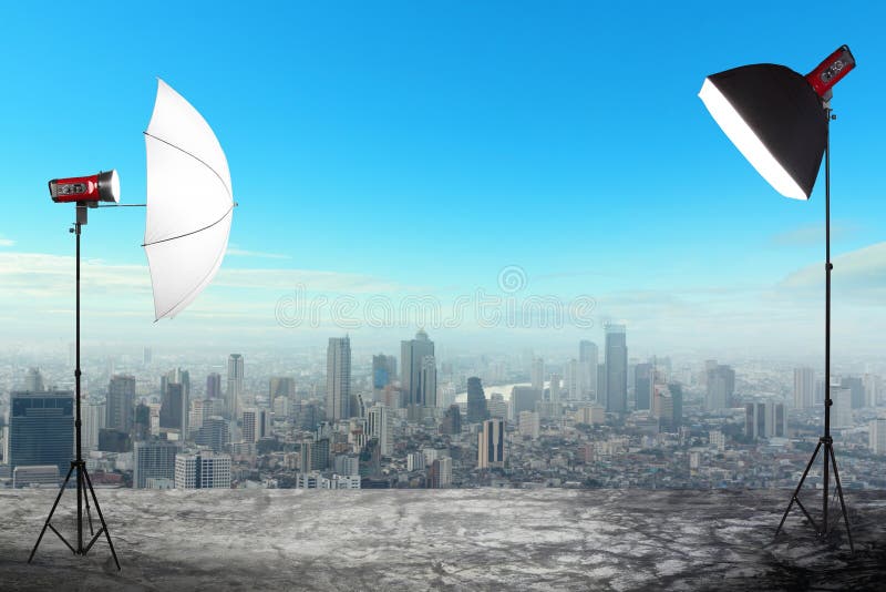 Photography Studio with a Light Set Up on City Buildings Backdrop Stock ...